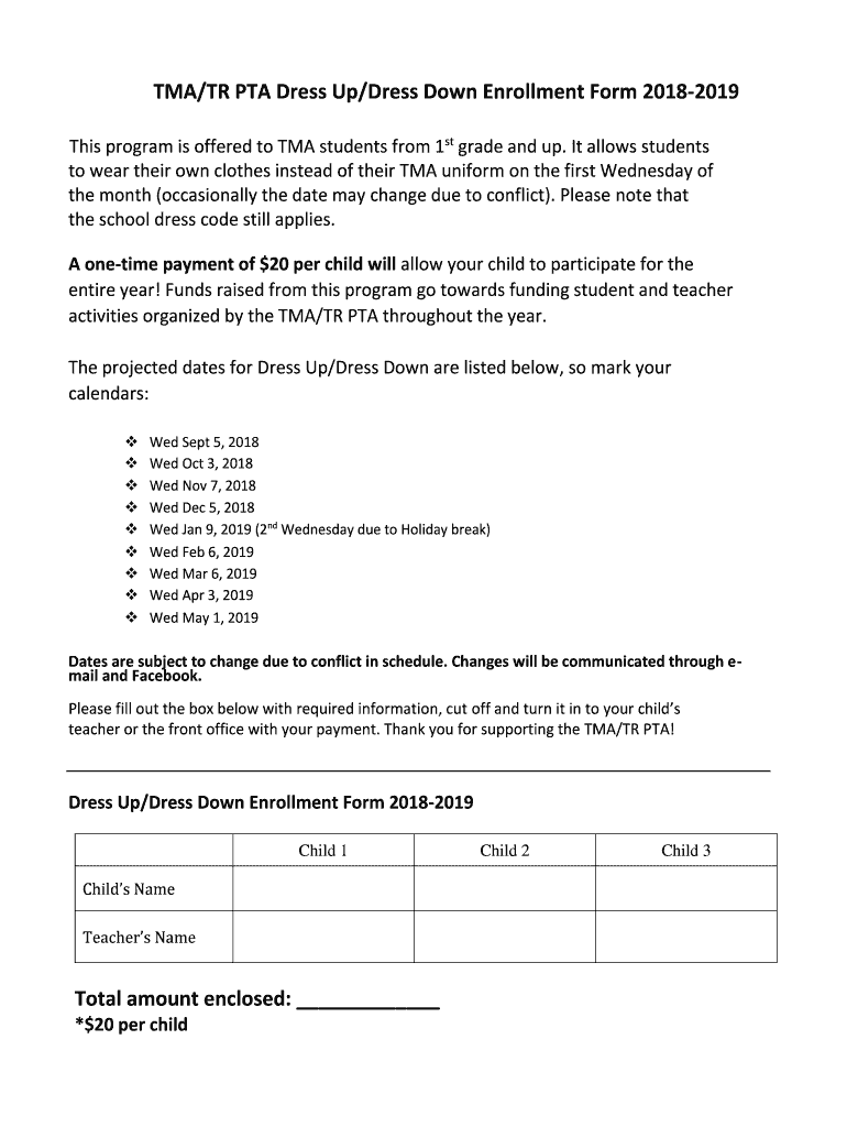 Fillable Online TMA/TR PTA Dress Up/Dress Down Enrollment Form 2018 ...