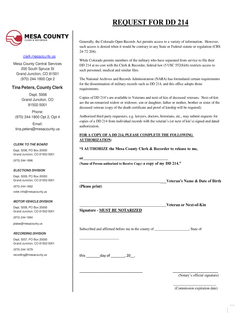 Fillable Online clerk mesacounty request for dd 214 or military record ...