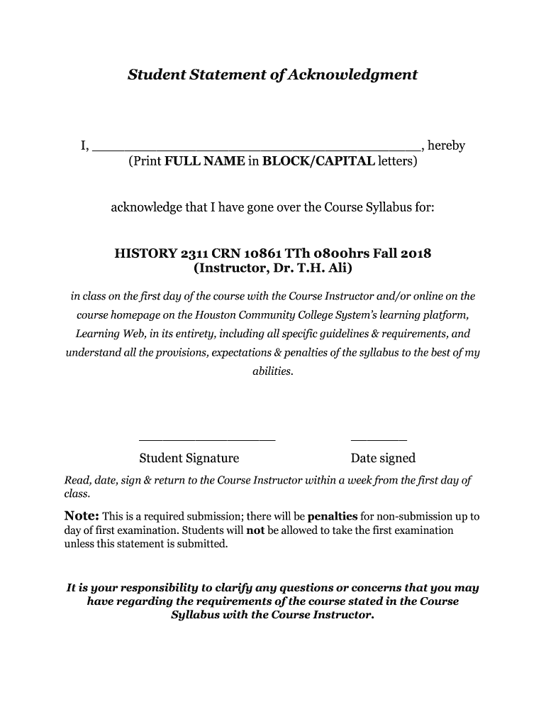 Fillable Online Student Statement of Acknowledgment Fax Email Print ...