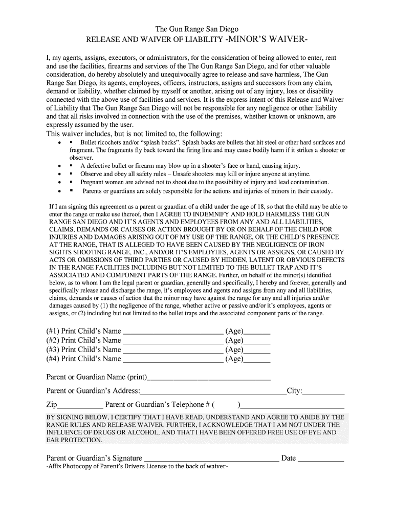 Fillable Online RELEASE AND WAIVER OF LIABILITY MINORS WAIVER This ...