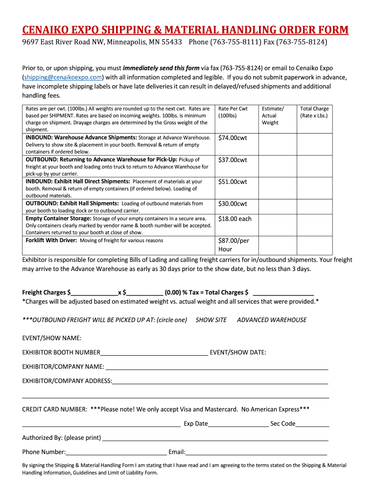 Fillable Online CENAIKO EXPO SHIPPING & MATERIAL HANDLING ORDER FORM Fax Email Print - pdfFiller