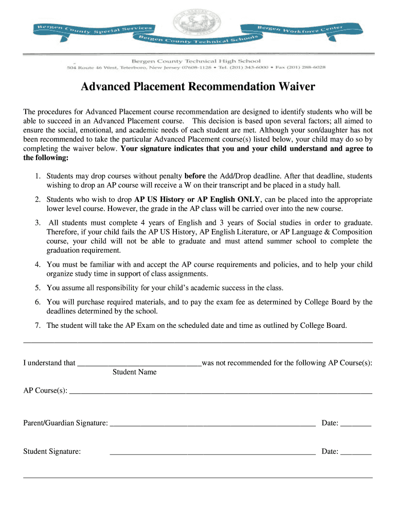 Fillable Online Advanced Placement Recommendation Waiver Fax Email Print - pdfFiller