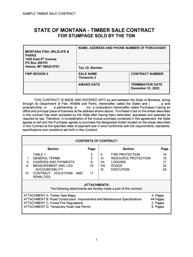 Fillable Online dnrc mt Sample Timber Sale Agreement - Gallatin County ...
