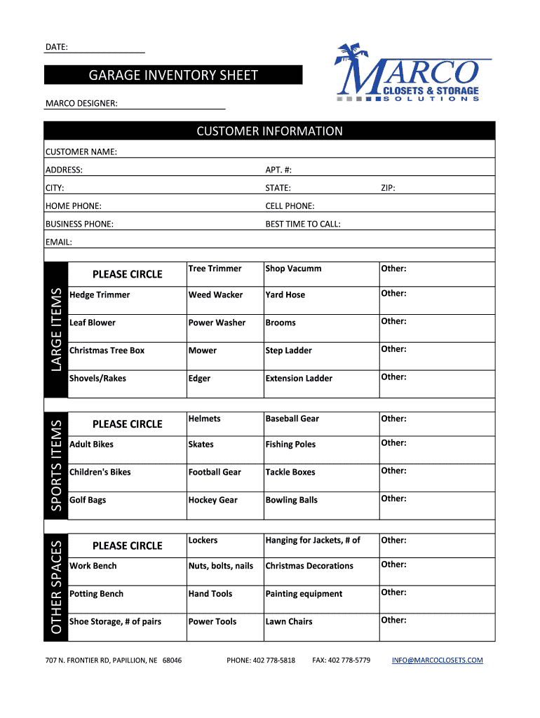 Fillable Online GARAGE INVENTORY SHEET.xls Fax Email Print - pdfFiller