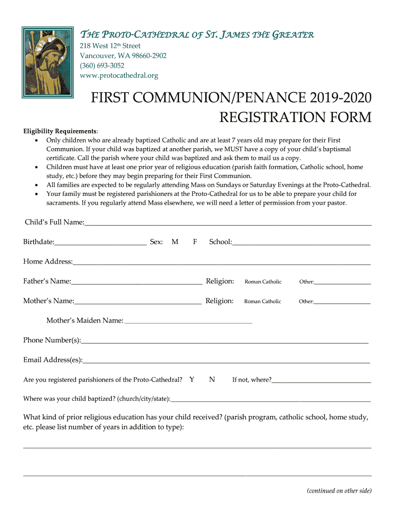 Fillable Online FIRST COMMUNION/PENANCE 2019-2020 REGISTRATION FORM Fax ...