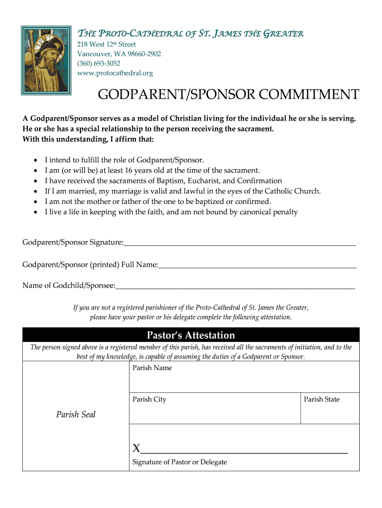 Fillable Online godparent/sponsor certificate for baptism - St. James ...