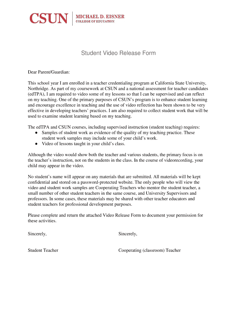 Fillable Online Student Video Release Form - CSUN.edu Fax Email Print - pdfFiller