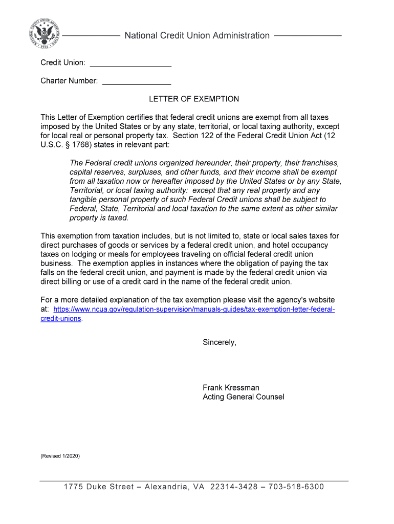 Fillable Online Tax Exemption Letter for Federal Credit UnionsNational ...