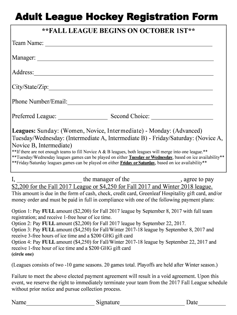 Fillable Online Adult League Hockey Registration Form Fax Email Print ...