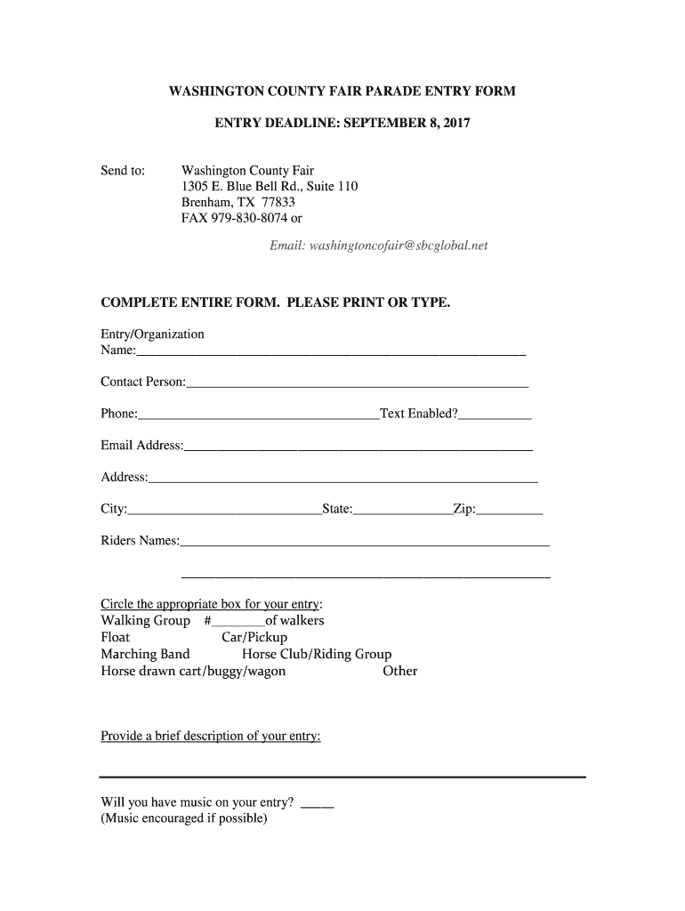 Fillable Online WASHINGTON COUNTY FAIR PARADE ENTRY FORM Fax Email ...