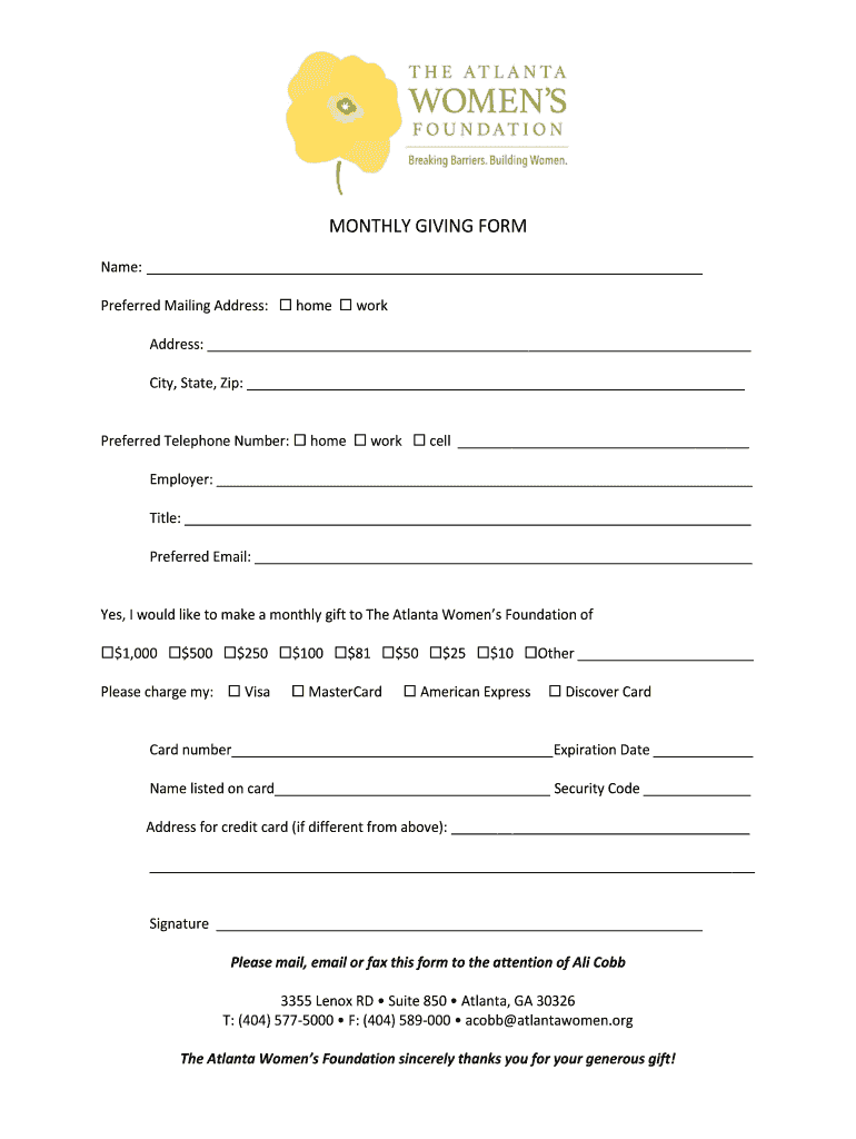Fillable Online MONTHLY GIVING FORM - The Atlanta Women's Foundation ...