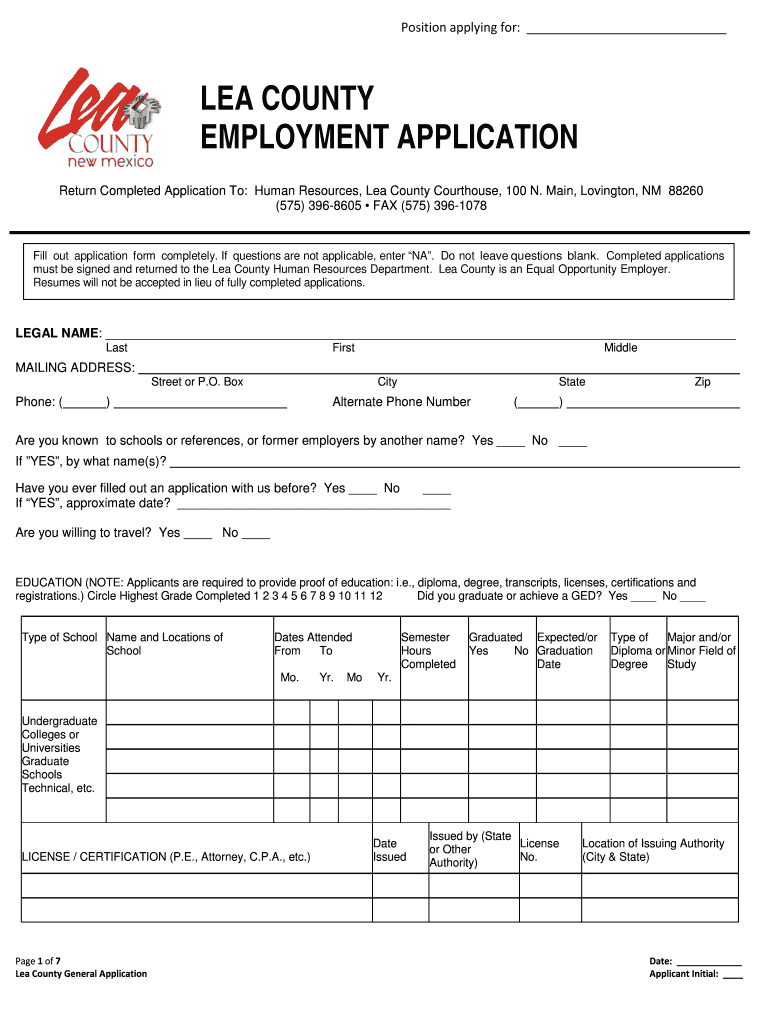 Fillable Online LEA COUNTY EMPLOYMENT APPLICATION Fax Email Print ...