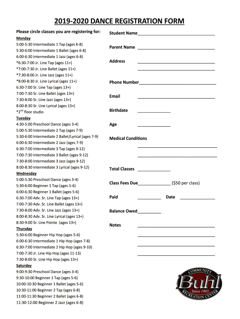 Fillable Online 2019-2020 DANCE REGISTRATION FORM Fax Email Print ...