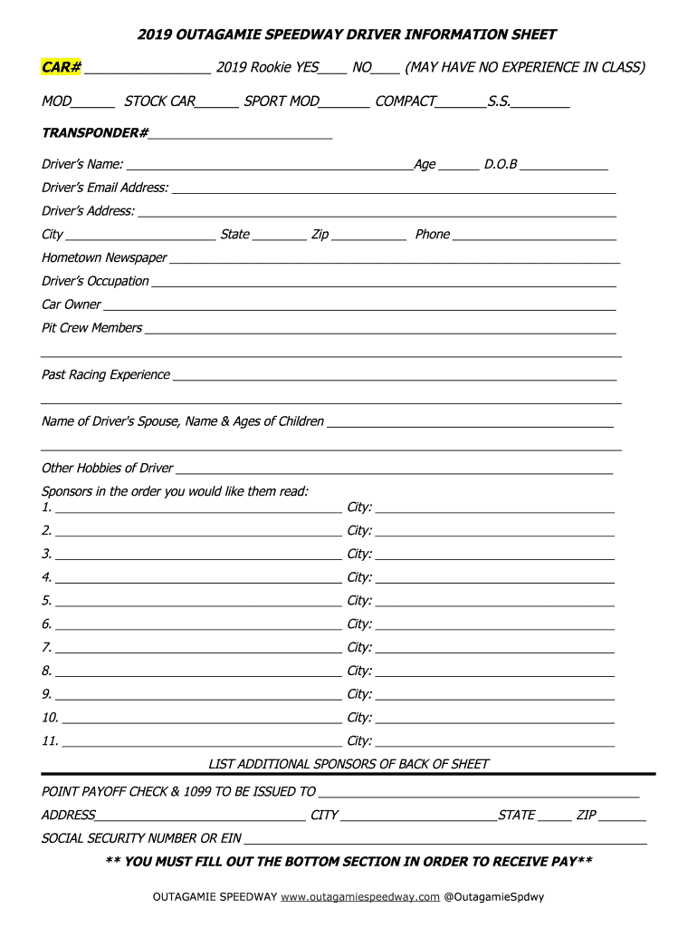 Fillable Online 2019 OUTAGAMIE SPEEDWAY DRIVER INFORMATION SHEET CAR ...