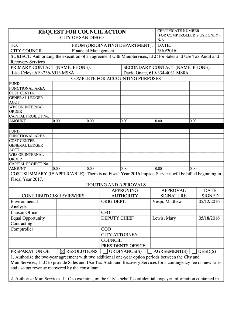 Fillable Online docs sandiego REQUEST FOR COUNCIL ACTION CERTIFICATE NUMBER ... - San Diego Fax ...