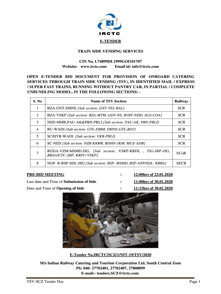 Fillable Online E-TENDER TRAIN SIDE VENDING SERVICES CIN No ... Fax ...