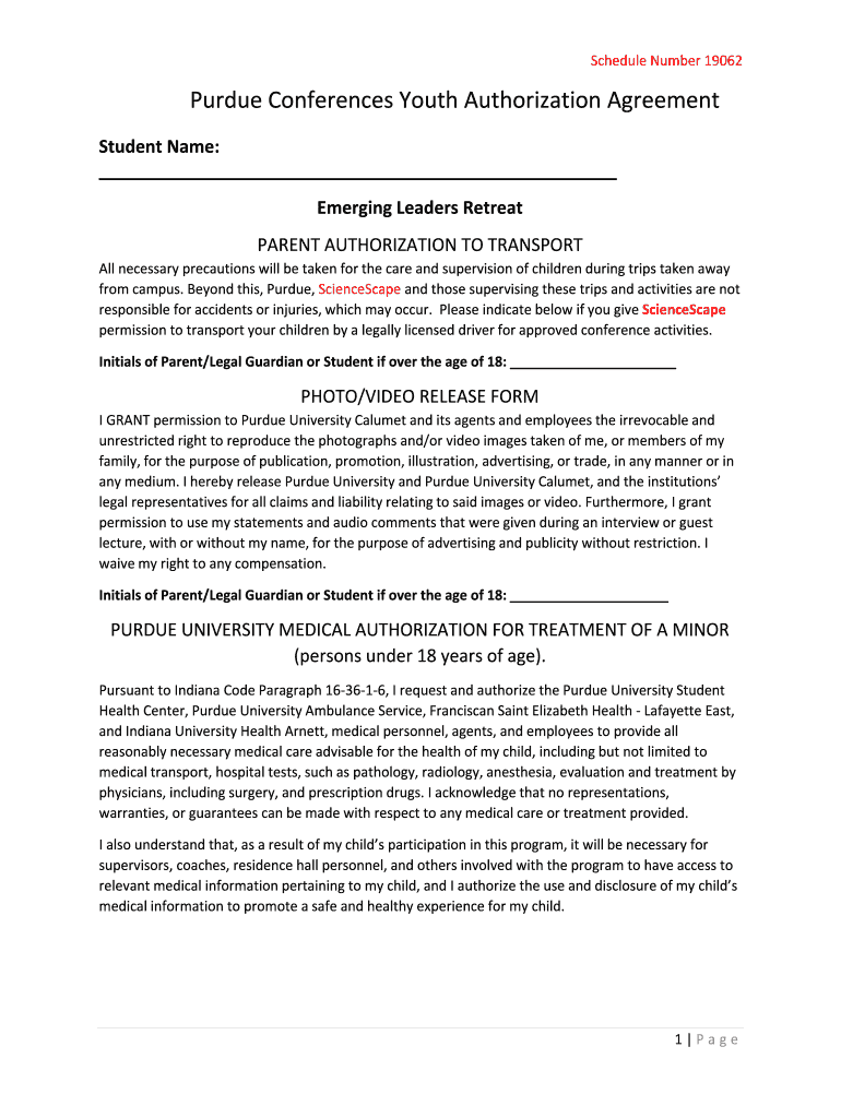 Fillable Online 19062 Purdue Conferences Youth Authorization Agreement Fax Email Print - pdfFiller