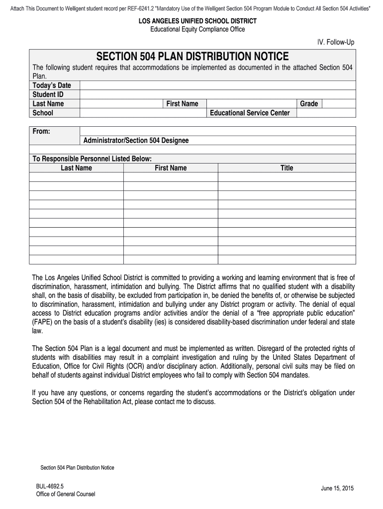 Fillable Online section 504 plan distribution notice - Home my.lausd ...