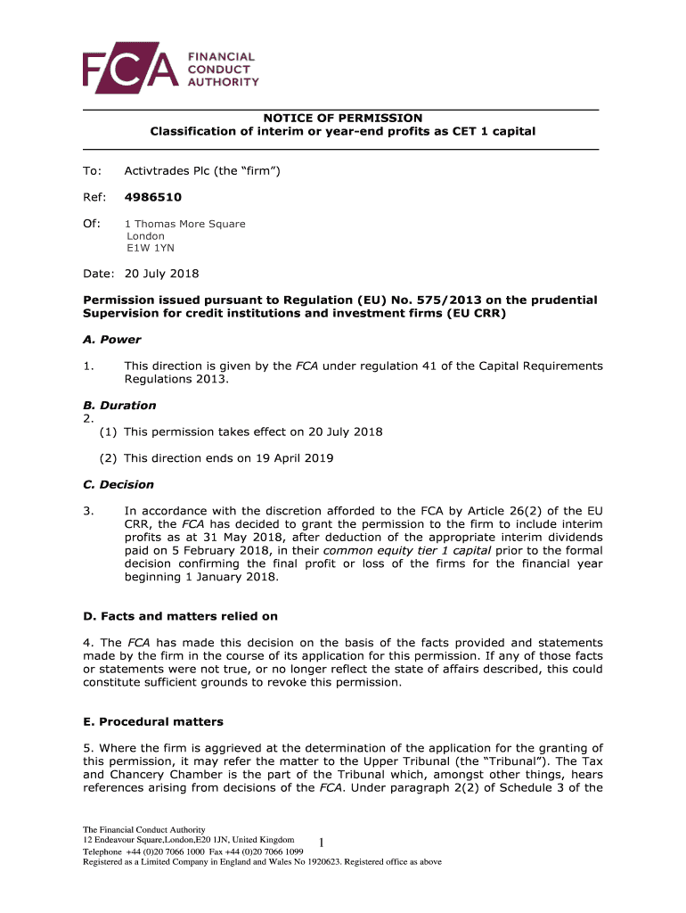 Fillable Online NOTICE OF PERMISSION - register.fca.org.uk Fax Email ...