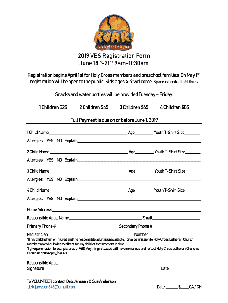 Fillable Online 2019 VBS Registration Form June 18 -21 9am-11:30am Fax ...