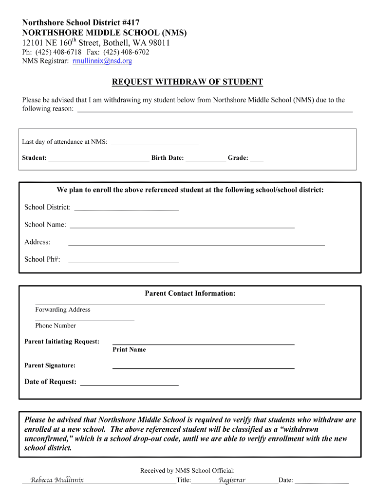 Fillable Online NMS Withdraw Form - Northshore Middle School Fax Email ...