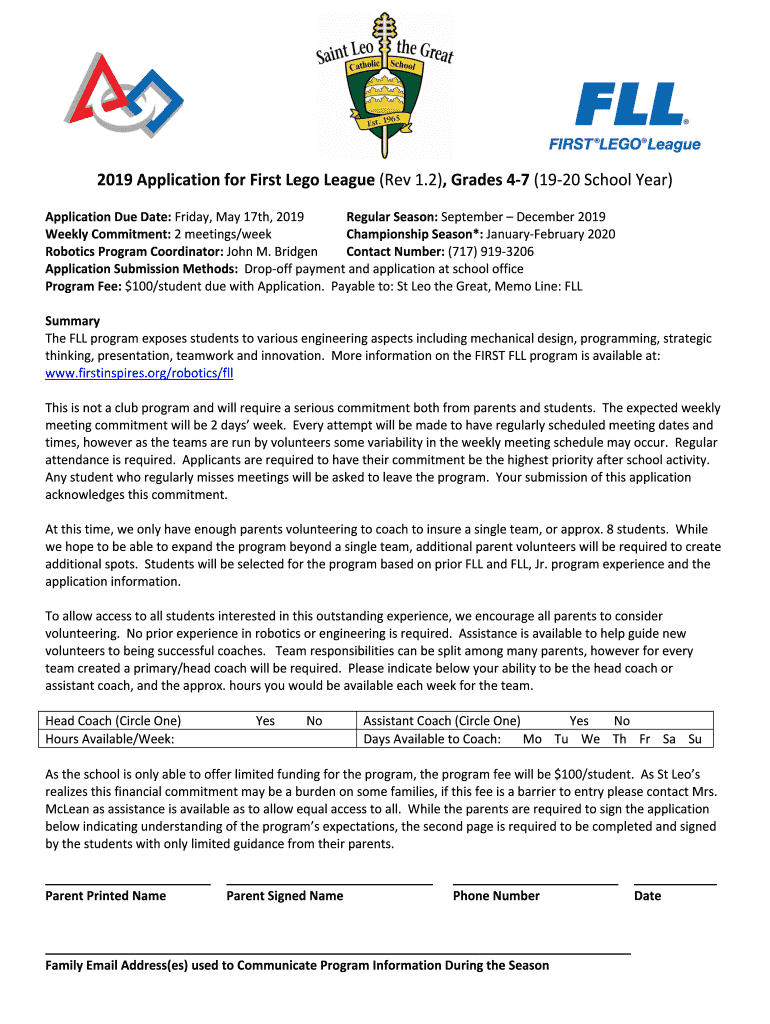 Fillable Online 2019 Application for First Lego League (Rev 1.2 ...