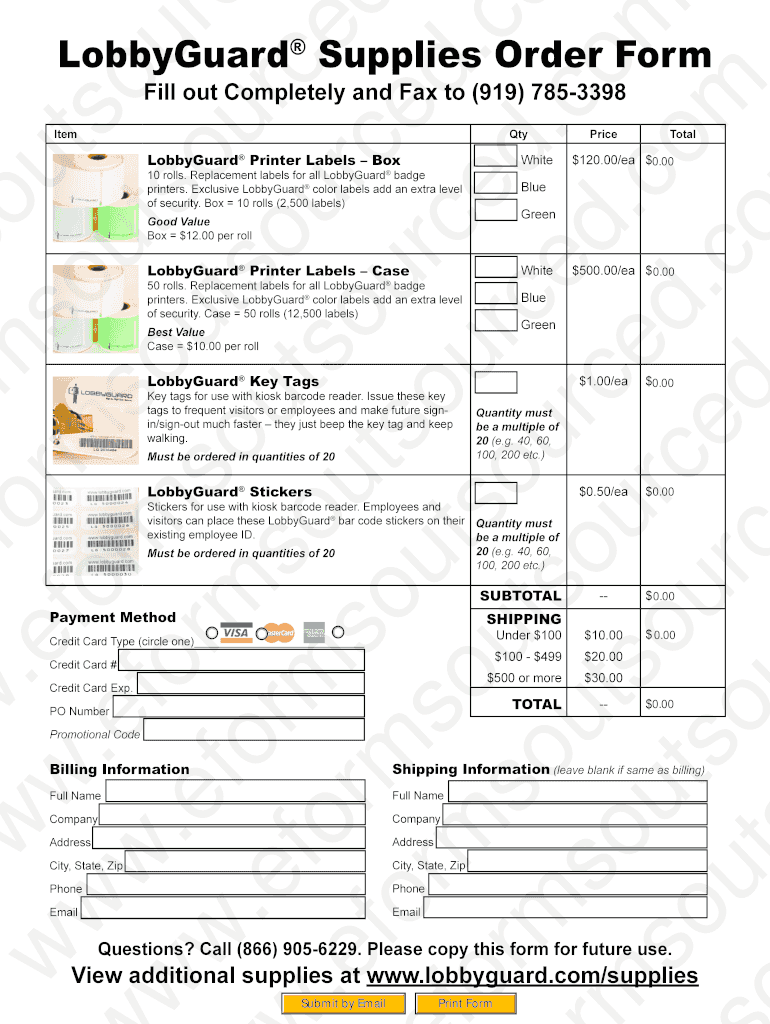 Fillable Online LobbyGuard Supplies Order Form - Fillable PDF Forms Fax ...