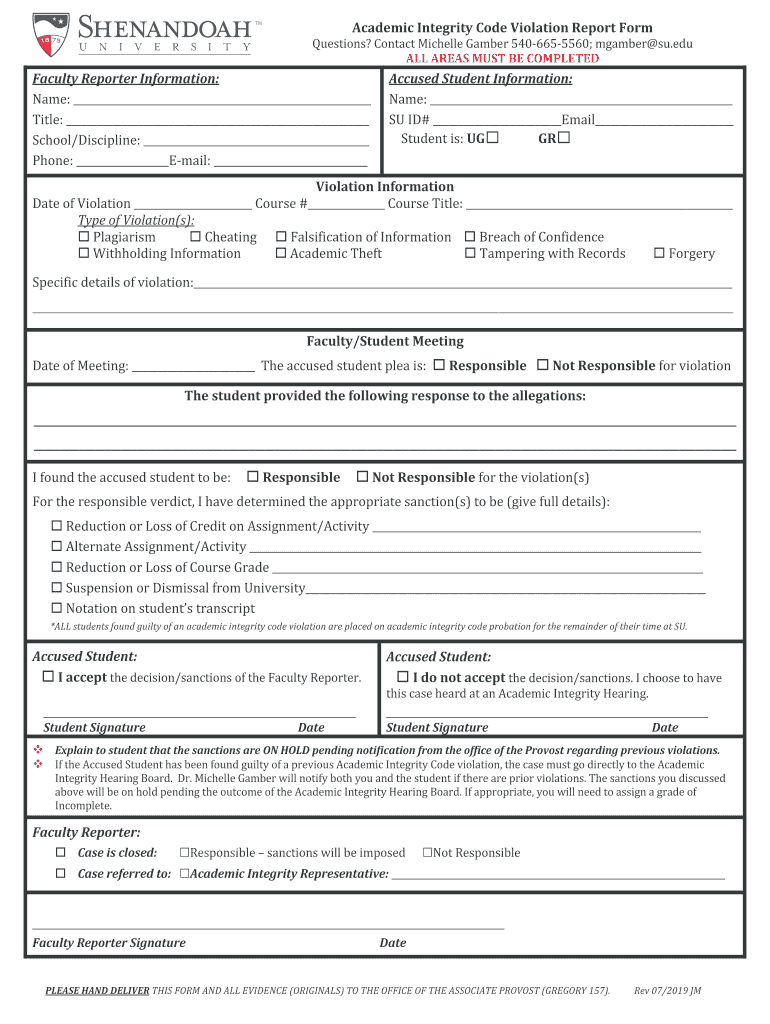 Fillable Online Academic Integrity Code Violation Report Form July 2019 ...