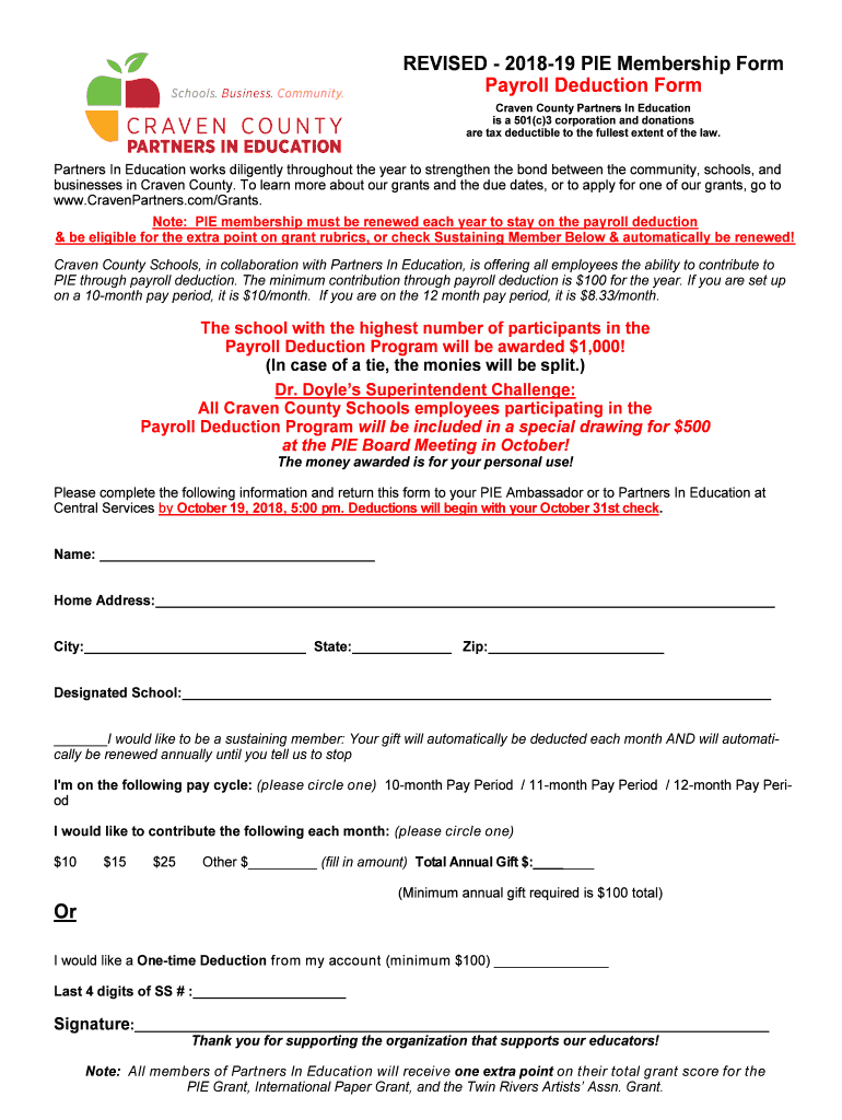 Fillable Online REVISED 19 PIE Membership Form Payroll Deduction Form ...