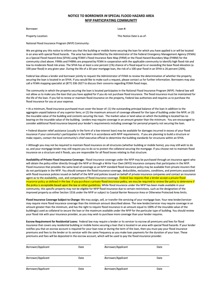 Fillable Online notice to borrower in special flood hazard area ...