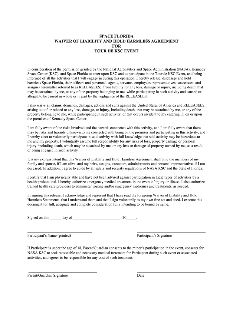 Fillable Online space florida waiver of liability and hold harmless ...