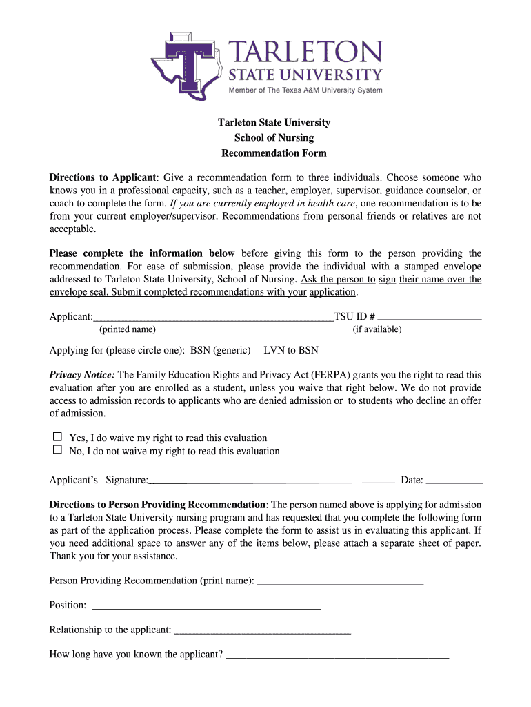 Fillable Online REFERENCE FORM For Admission to a Tarleton State ...