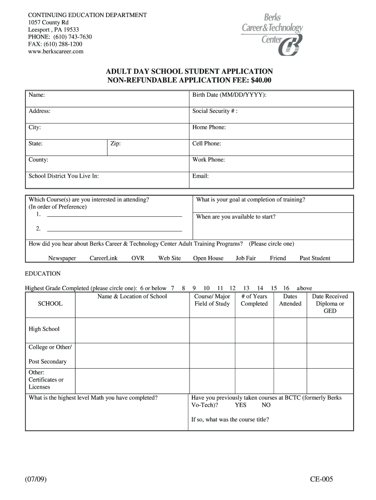 Fillable Online Adult Day School Application. Adult Day School Fax ...
