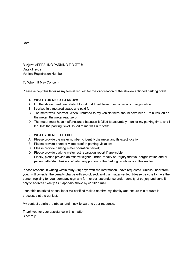 Handicap Parking Ticket Appeal Letter Fill Online Printable 