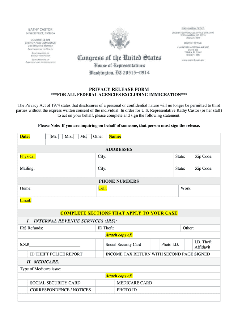Fillable Online privacy release form - Kathy Castor - House.gov Fax ...