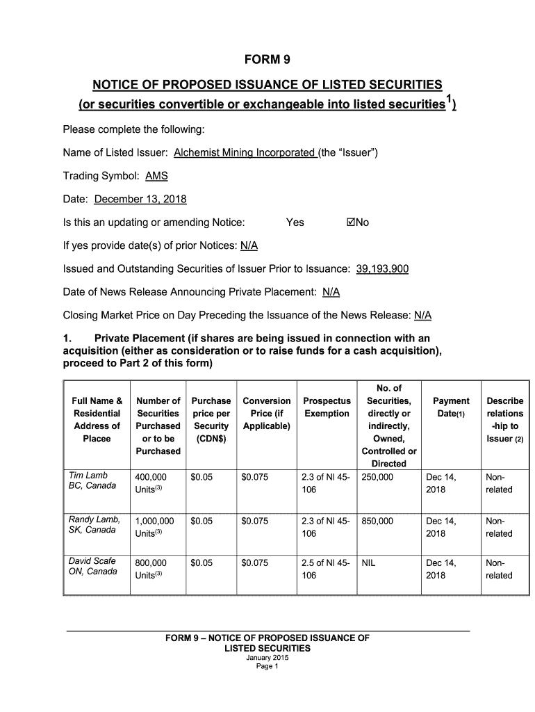 Fillable Online FORM 9 NOTICE OF PROPOSED ISSUANCE OF LISTED SECURITIES ...