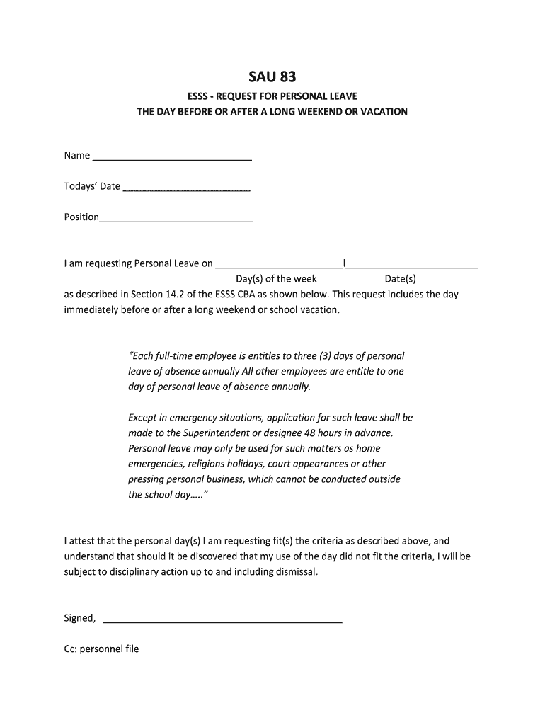 Fillable Online ESSS - REQUEST FOR PERSONAL LEAVE Fax Email Print ...