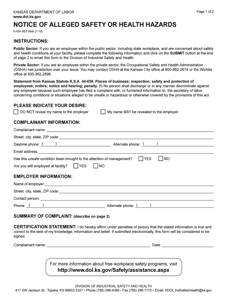 Fillable Online Illinois OSHA Safety and Health Complaint Form ...