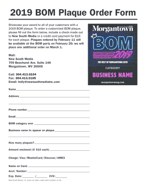 Fillable Online 2019 BOM Plaque Order Form Fax Email Print - pdfFiller