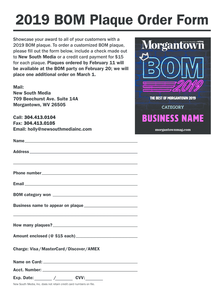 Fillable Online 2019 BOM Plaque Order Form Fax Email Print - pdfFiller