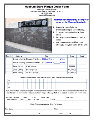 Fillable Online Museum Stars Plaque Order Form Fax Email Print - pdfFiller