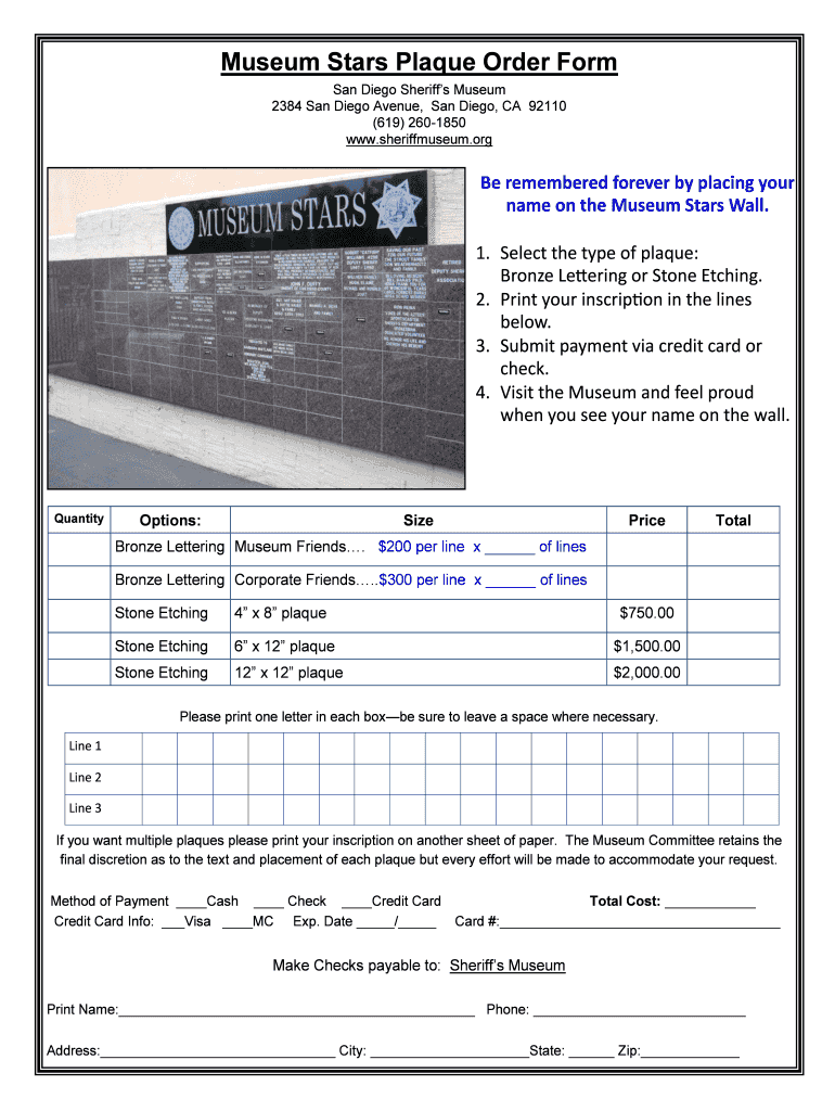 Fillable Online Museum Stars Plaque Order Form Fax Email Print - pdfFiller
