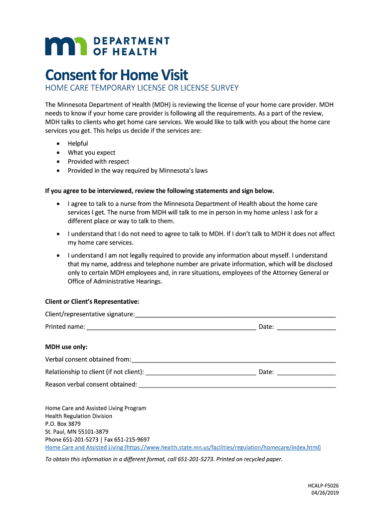 Fillable Online health mn Consent For Home Visit Form. Home care survey ...