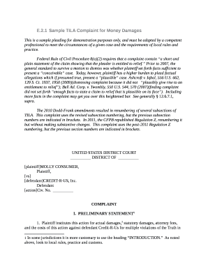 Fillable Online library nclc 1 Sample TILA Complaint for Money Damages ...