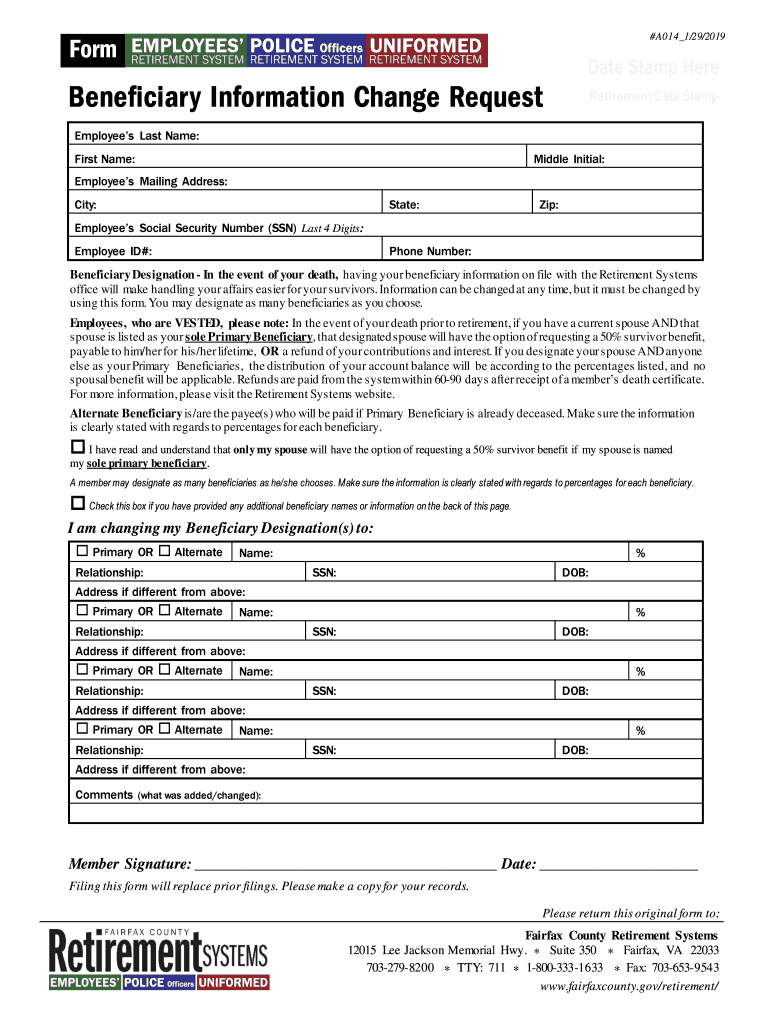 Fillable Online Beneficiary Change Request - Fairfax County Fax Email ...