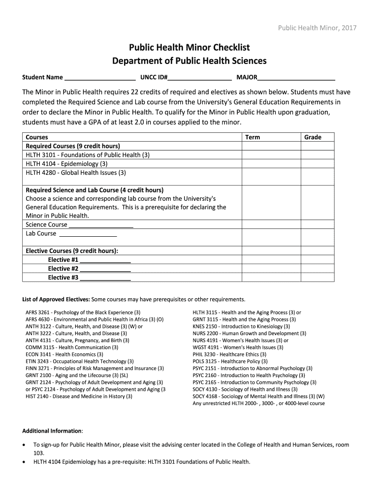 Fillable Online publichealth uncc Public Health Minor Checklist ...