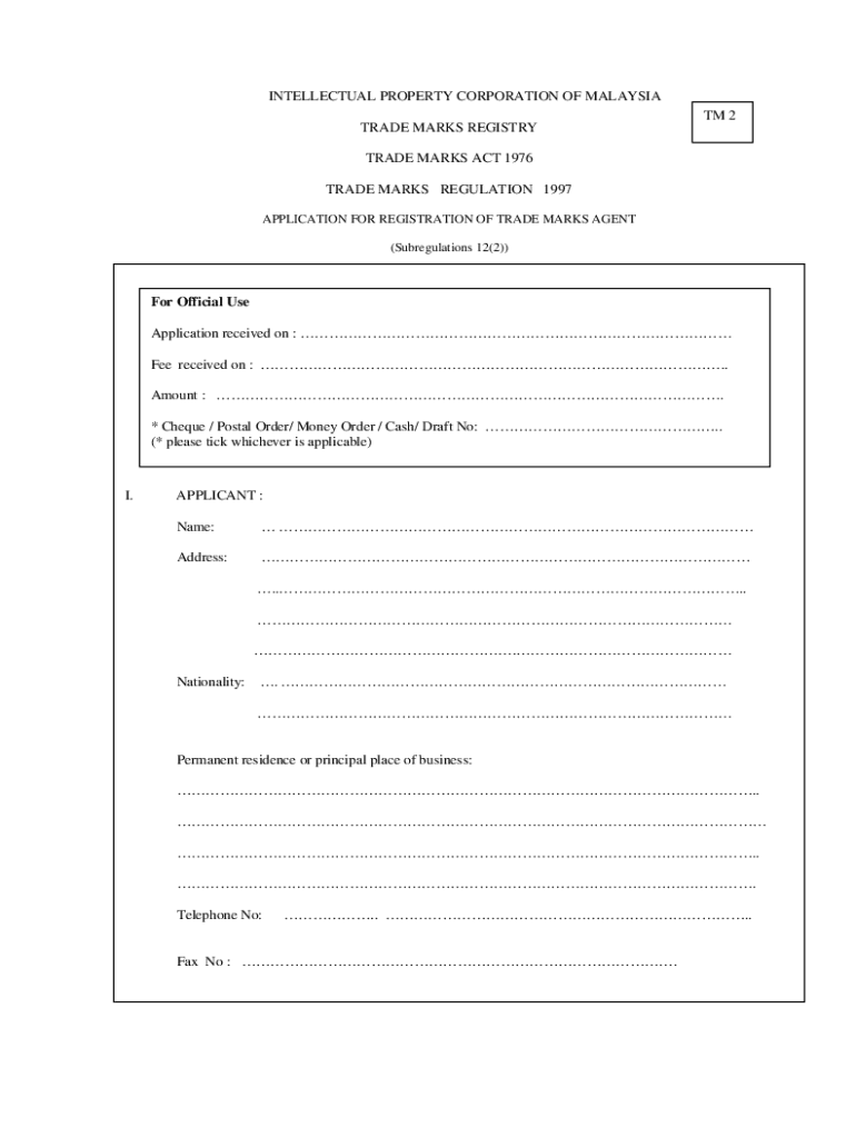 Fillable Online APPLICATION FOR REGISTRATION OF TRADE MARKS AGENT Fax Email Print - pdfFiller