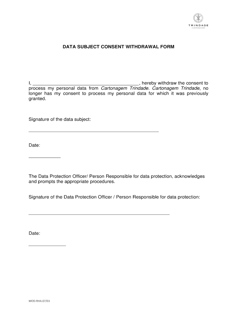 Fillable Online DATA SUBJECT CONSENT WITHDRAWAL FORM I, , hereby ...