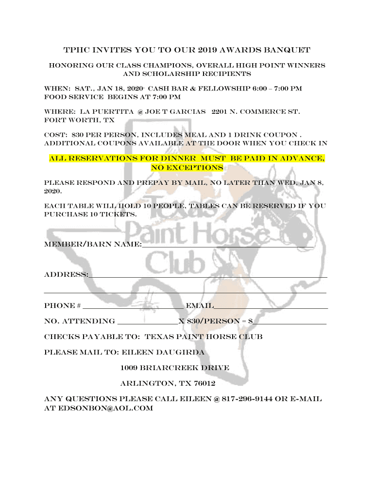 Fillable Online tphc invites you to our 2019 awards banquet - Texas ...