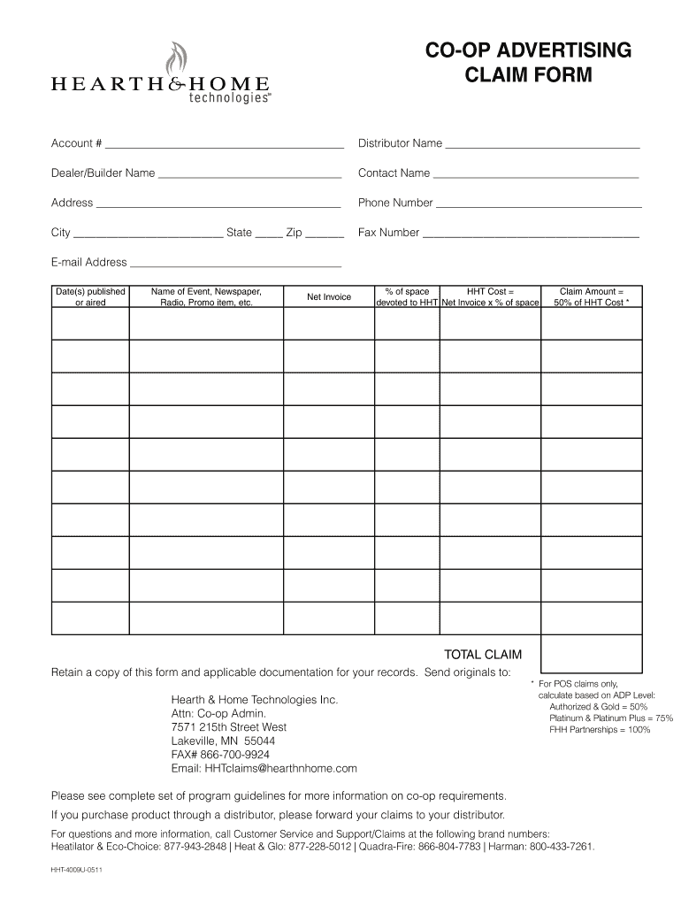 Fillable Online CO-OP ADVERTISING CLAIM FORM - Hearth N Home Fax Email ...